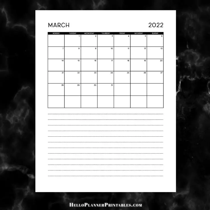 March 2022 Dated Monthly Calendars Free Download Hello Planner Printables